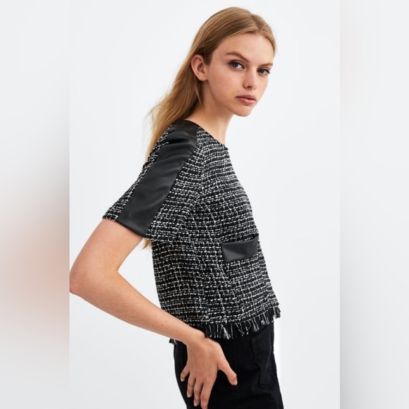 Zara | Tops | Nwt Zara Trf Collection Tweed Crop Top With Faux Leather ...